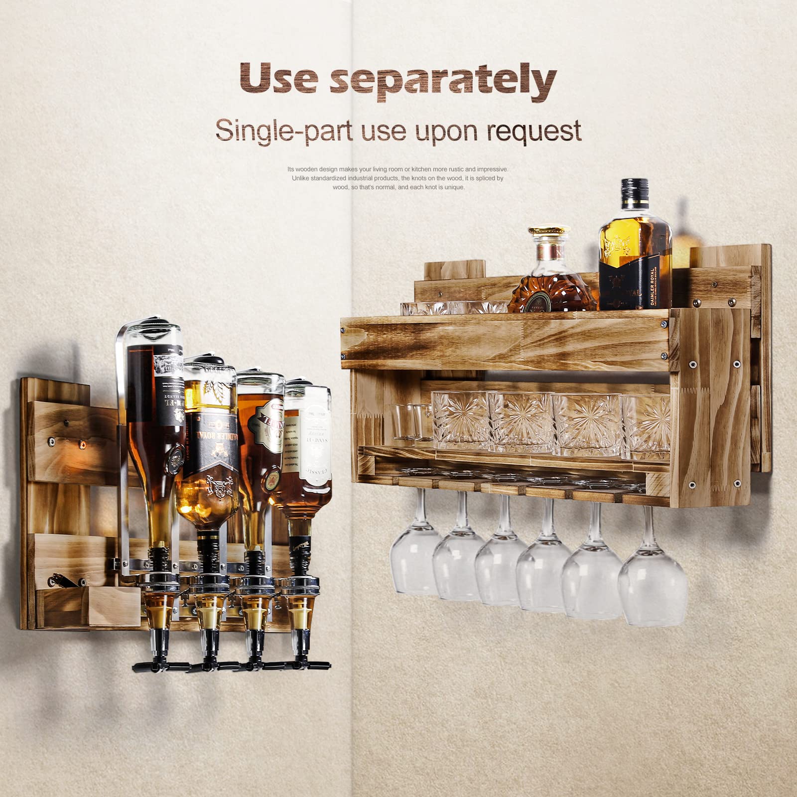 Homde Wine Rack Wall Mounted Wood Wine Shelf with Bottle Stemware Glass Holder Rustic Wine Display Storage Rack with 4-Bottle Liquor Dispenser for Home Bar Kitchen Decor
