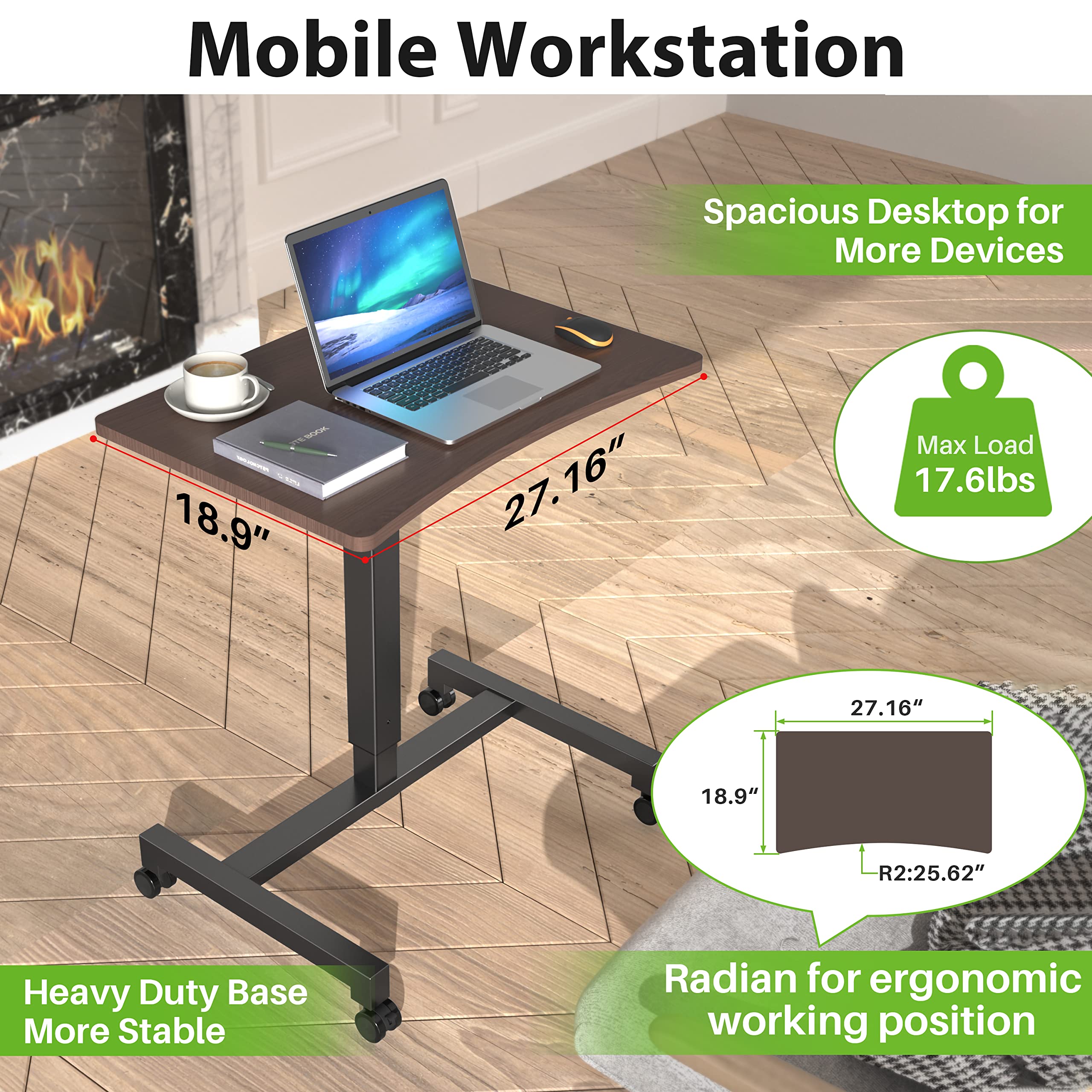 IWORKBOARD Mobile Laptop Desk, 27 inches Rolling Adjustable Height Desk, Mobile Portable Standing Desk, Pneumatic Sit Stand Desk with Wheels for Home Offices and School Rolling Table