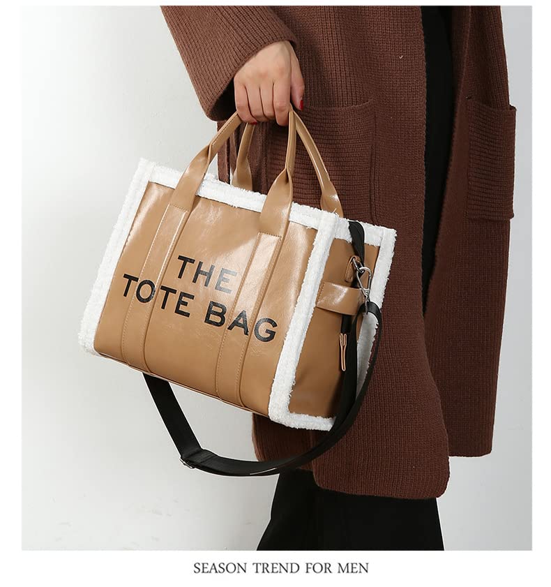 Tote Bag for Women, PU Leather Tote Bag with Lamb Wool, Shoulder Crossbody Bag for Work/Travel (Khaki)