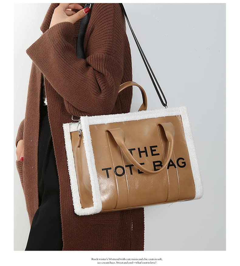 Tote Bag for Women, PU Leather Tote Bag with Lamb Wool, Shoulder Crossbody Bag for Work/Travel (Khaki)