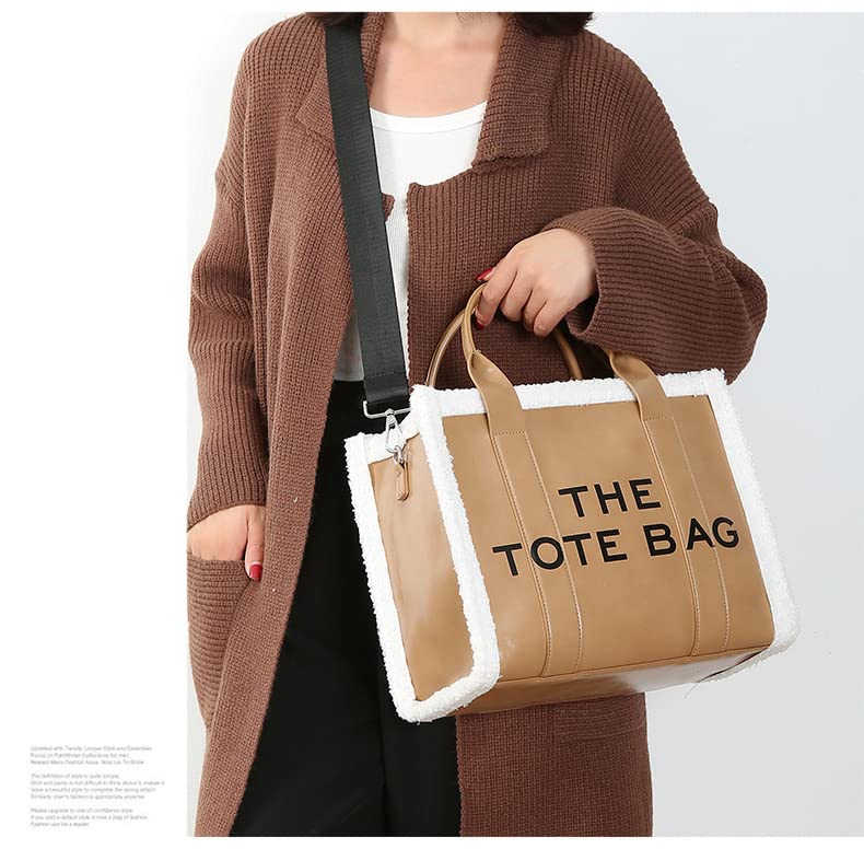 Tote Bag for Women, PU Leather Tote Bag with Lamb Wool, Shoulder Crossbody Bag for Work/Travel (Khaki)