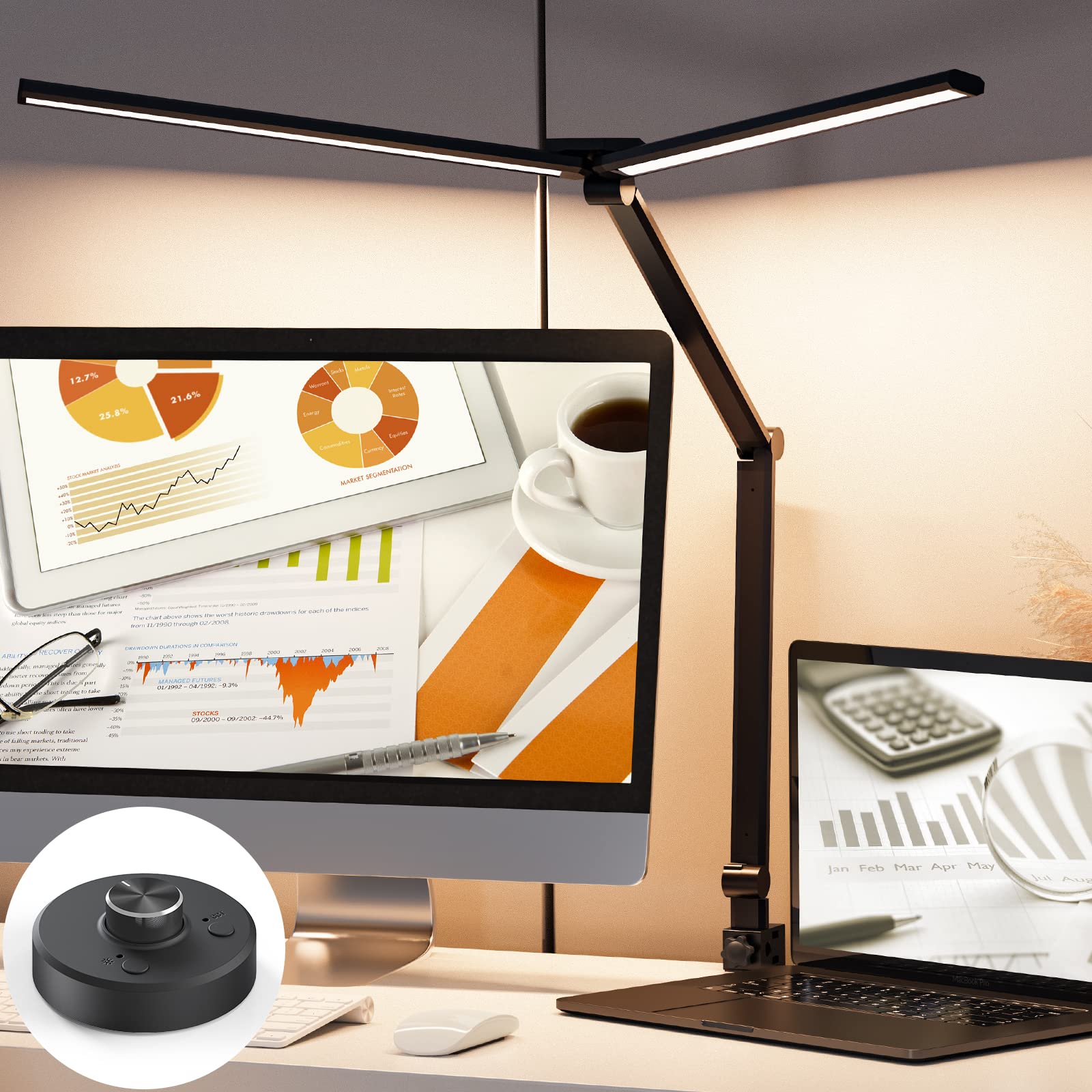 Torchlet Desk Lamps for Home Office, 24W Architect Desk Lamp with Clamp, 31.5" Wide Adjustable LED Desk Light, Stepless Dimming Modern Desk Lamp, Double Head Office Lamp for Workbench Drafting, Task