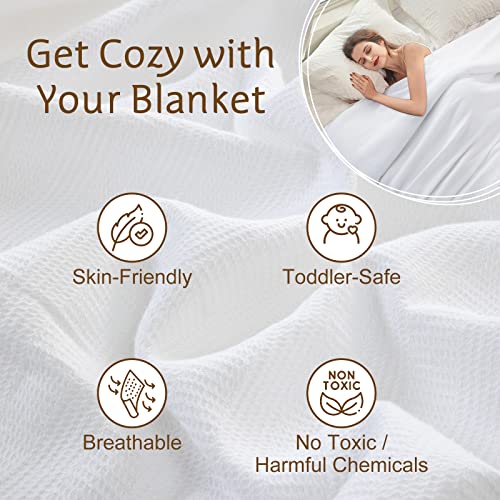 LBRO2M Waffle 100% Cotton Blanket Queen Size (90"x90",Warm Lightweight Breathable Bed Sofa Couch Throws,Super Soft Knit Weave Travel for All Season,White