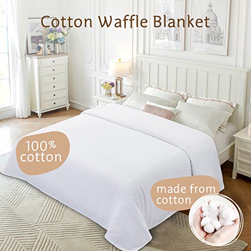 LBRO2M Waffle 100% Cotton Blanket Queen Size (90"x90",Warm Lightweight Breathable Bed Sofa Couch Throws,Super Soft Knit Weave Travel for All Season,White
