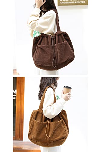 Ulisty Women Large Capacity Corduroy Drawstring Tote Bag Pockets Shoulder Bag Casual Handbag Hobo Bag Shopping Bag red