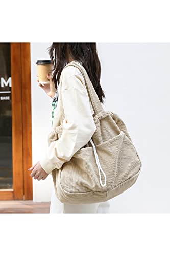 Ulisty Women Large Capacity Corduroy Drawstring Tote Bag Pockets Shoulder Bag Casual Handbag Hobo Bag Shopping Bag red