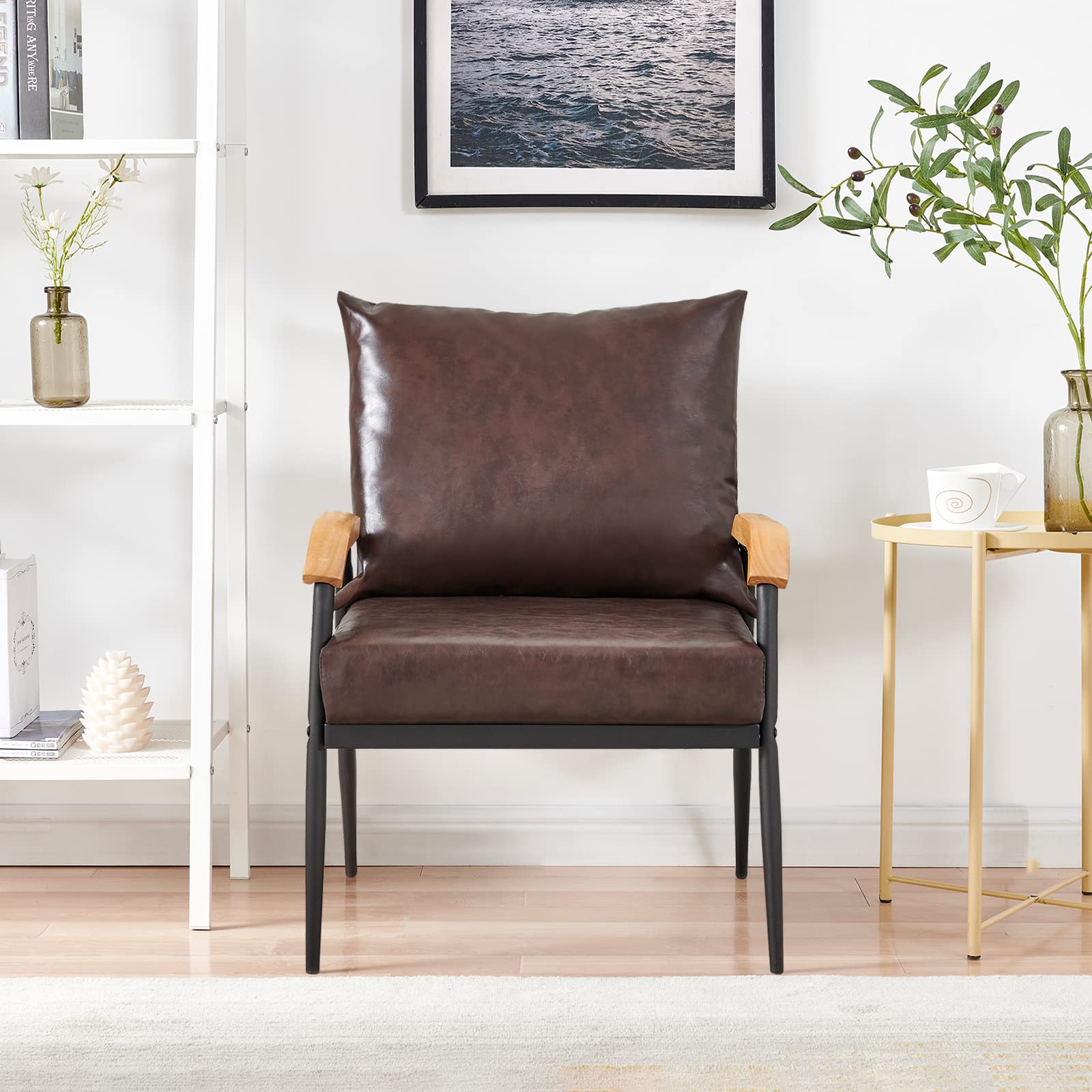 CLIPOP Mid Century Modern Accent Chair, Single Sofa with Removable Backrest and Cushion, Upholstered Faux Leather Armchair with Solid Wood Armrest Metal Frame Easy-Assembly, 24" W, Dark Brwon