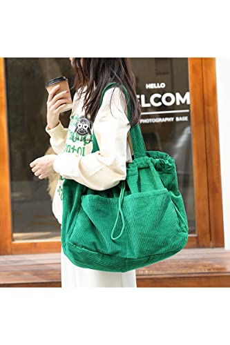 Ulisty Women Large Capacity Corduroy Drawstring Tote Bag Pockets Shoulder Bag Casual Handbag Hobo Bag Shopping Bag red