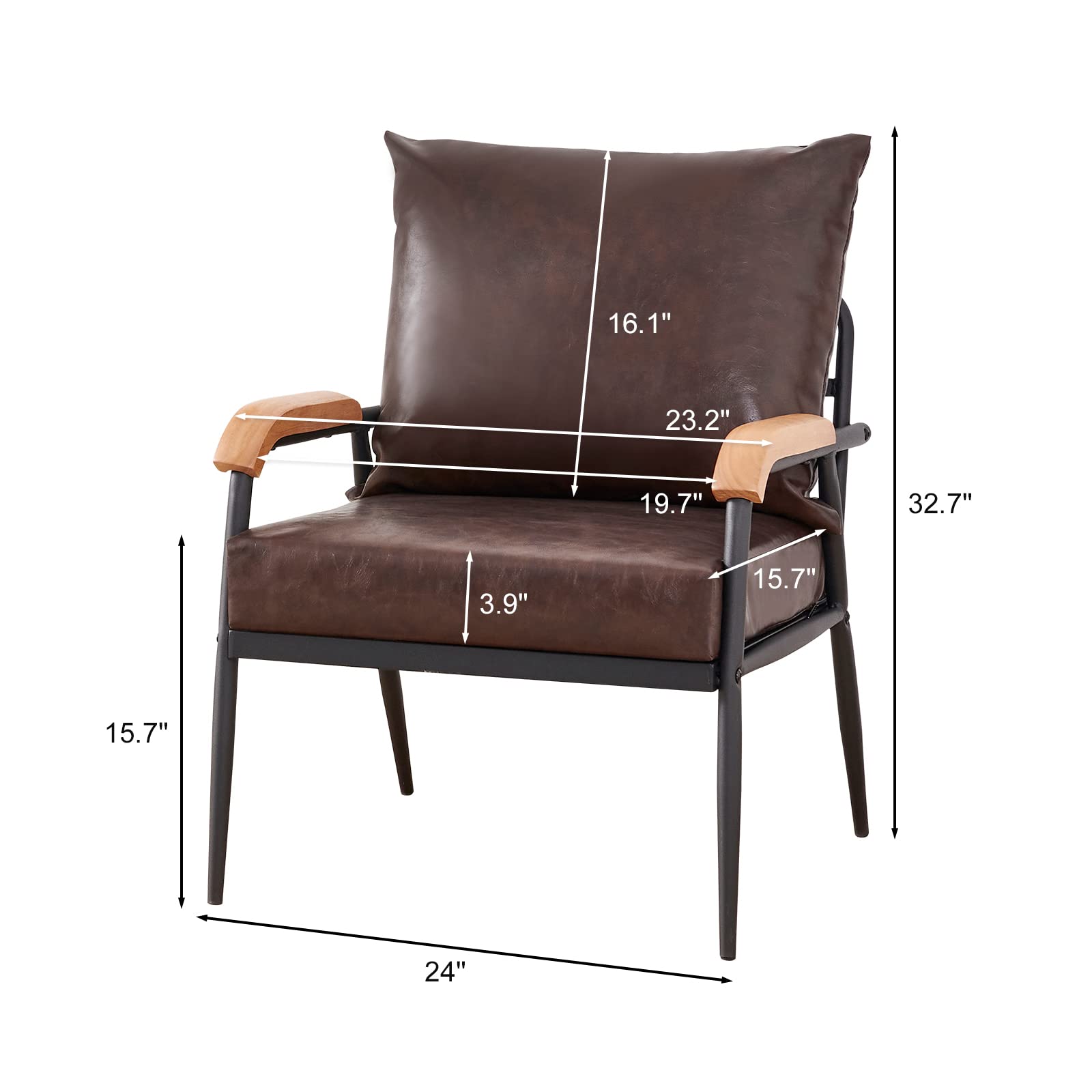 CLIPOP Mid Century Modern Accent Chair, Single Sofa with Removable Backrest and Cushion, Upholstered Faux Leather Armchair with Solid Wood Armrest Metal Frame Easy-Assembly, 24" W, Dark Brwon
