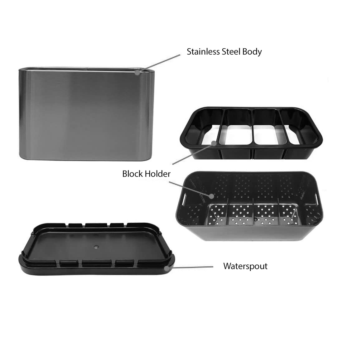 Stainless Steel Kitchen Utensil Holder for countertop, 4 Divider Drip Tray ABS Anti Slip Kitchen Counter, Utensil Caddy Storage, 7.08 x 5.03 x 3.34β inch