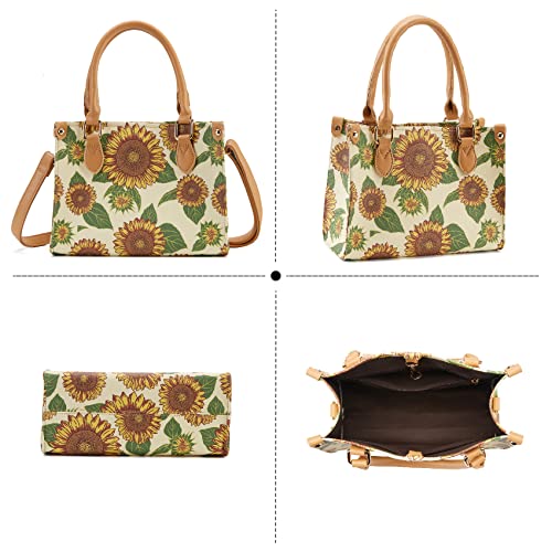 Small Tote Bags for Women Square Shape Handbags Double Top Handles Purses with Strawberry Print and Removable Shoulder Strap (Yellow Sunflower)
