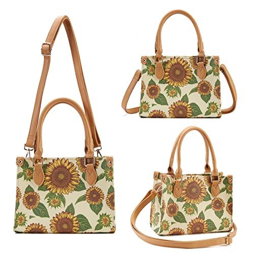 Small Tote Bags for Women Square Shape Handbags Double Top Handles Purses with Strawberry Print and Removable Shoulder Strap (Yellow Sunflower)
