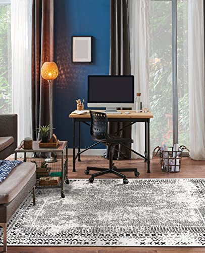 Rugshop Bohemian Distressed Border Stain Resistant High Traffic Living Room Kitchen Bedroom Dining Home Office Area Rug 5'x7' Black