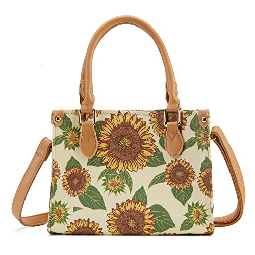 Small Tote Bags for Women Square Shape Handbags Double Top Handles Purses with Strawberry Print and Removable Shoulder Strap (Yellow Sunflower)