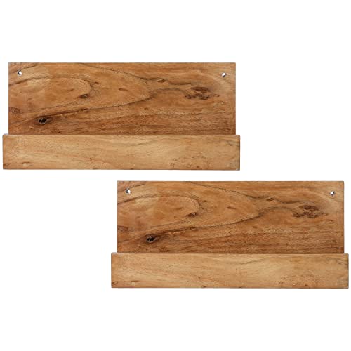 MyGift Wall Mounted Premium Natural Acacia Wood Vinyl Record Album Storage Racks, LP Record Holder Decorative Display Shelves, Set of 2 - Made in India