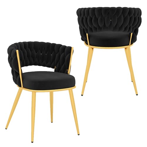 KCC Modern Velvet Dining Chairs Set of 2, Upholstered Living Room Chair with Woven Back and Golden Metal Legs, Mid-Century Accent Side Chair for Living Room, Dining Room, Kitchen, Black