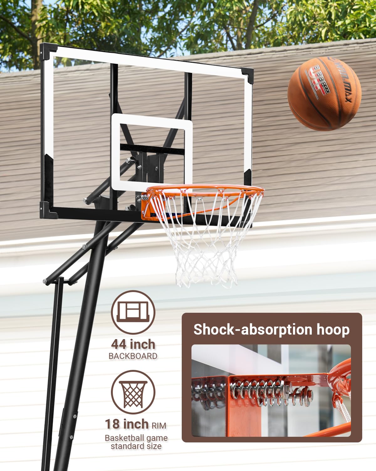 WIN.MAX Portable Basketball Hoop Quickly Height Adjusted 4.9-10ft Outdoor/Indoor Basketball Goal System with 44 inch Backboard and Wheels for Adults