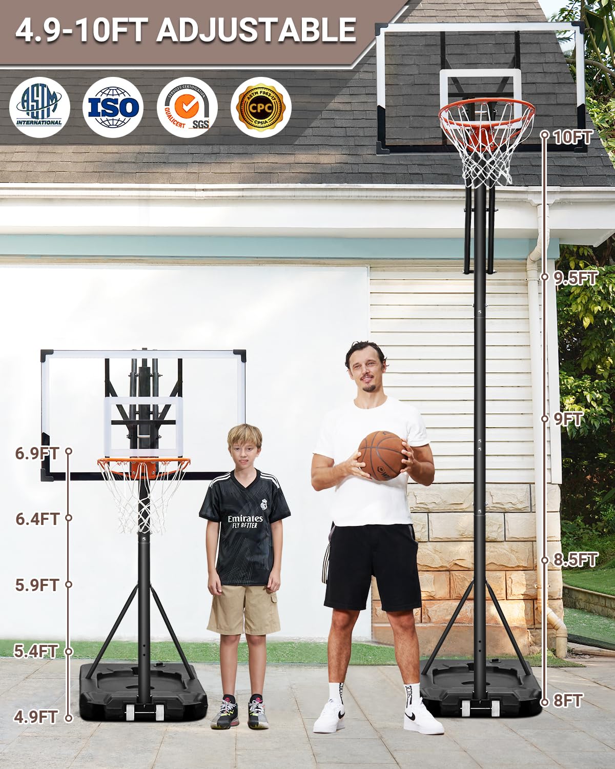 WIN.MAX Portable Basketball Hoop Quickly Height Adjusted 4.9-10ft Outdoor/Indoor Basketball Goal System with 44 inch Backboard and Wheels for Adults