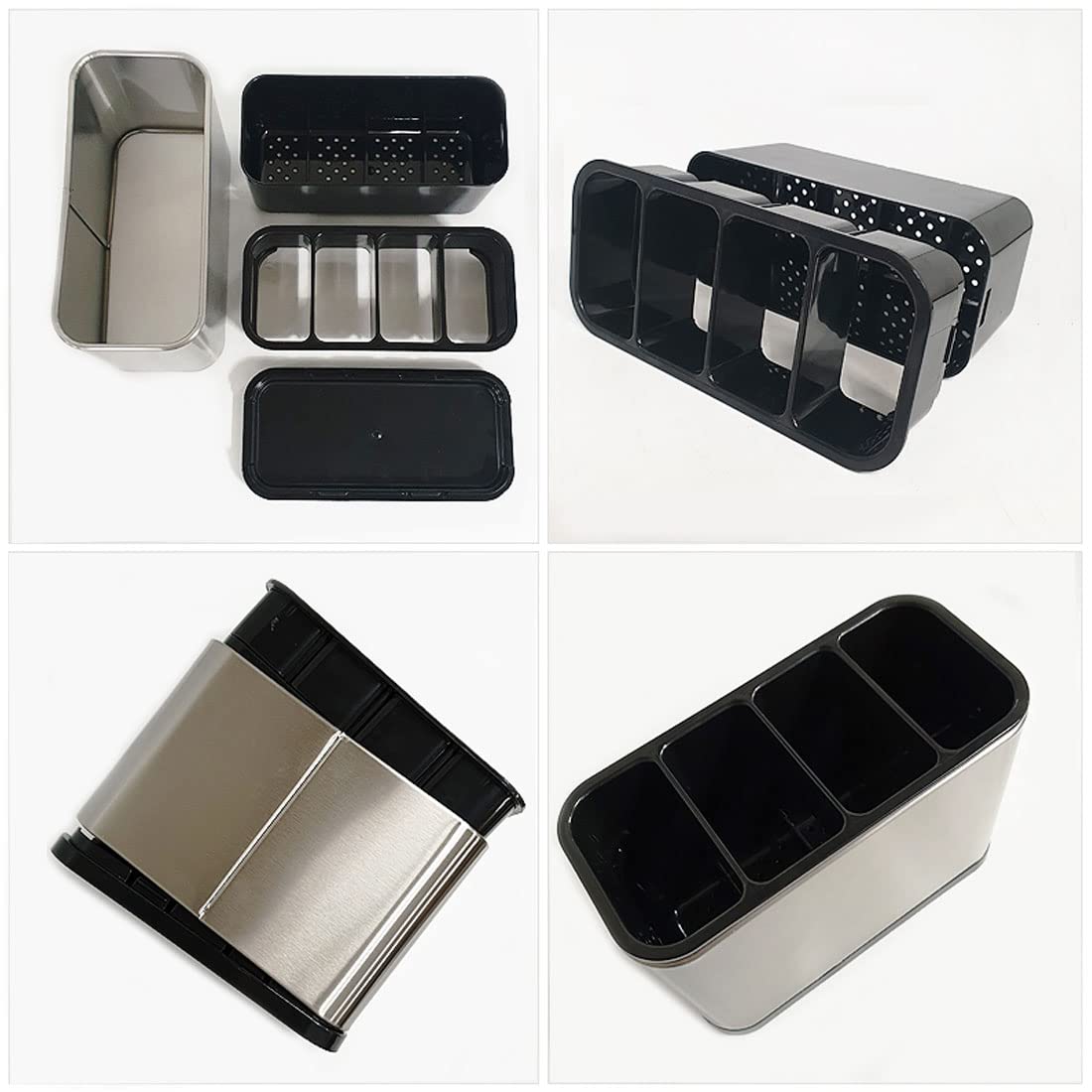 Stainless Steel Kitchen Utensil Holder for countertop, 4 Divider Drip Tray ABS Anti Slip Kitchen Counter, Utensil Caddy Storage, 7.08 x 5.03 x 3.34β inch