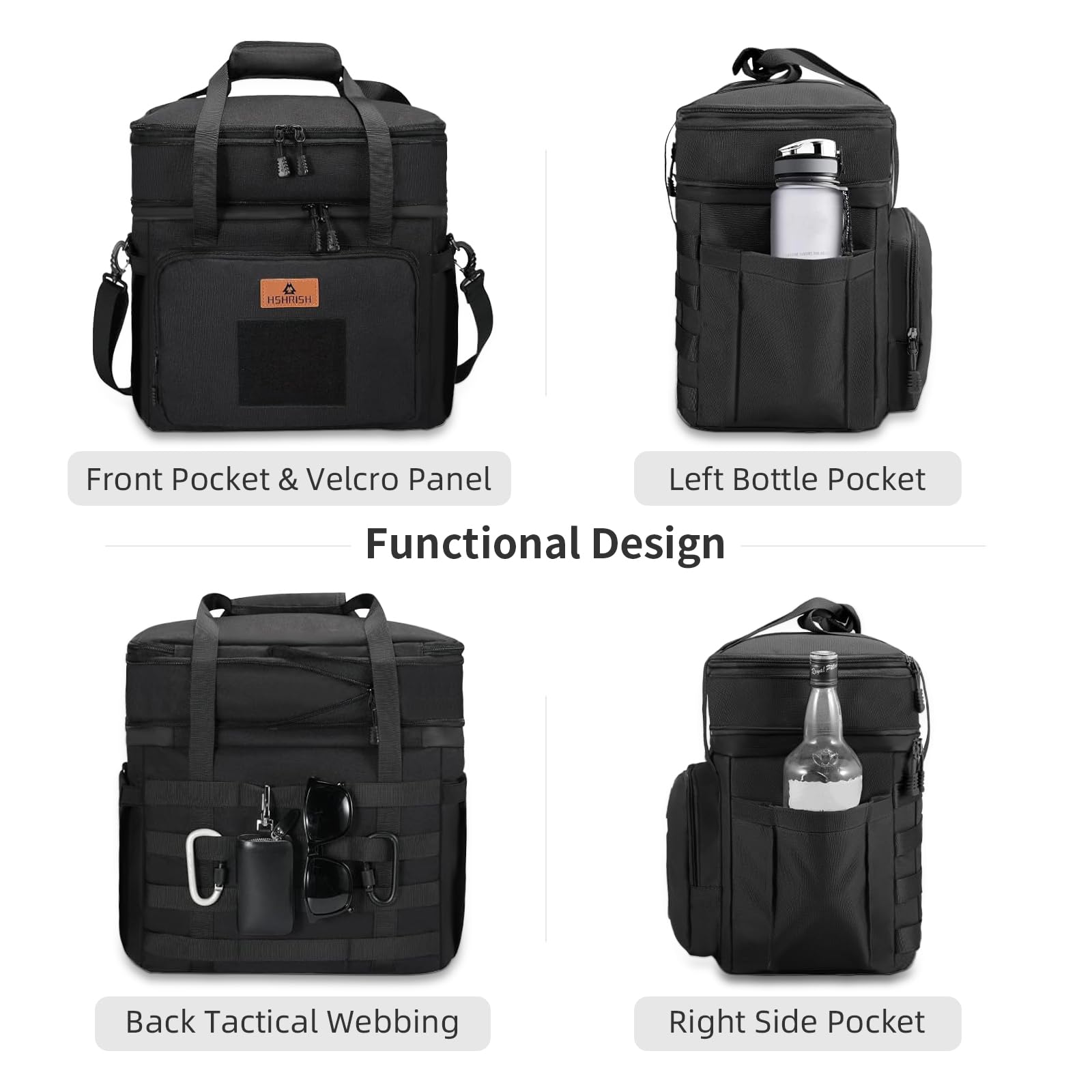 HSHRISH Tactical Lunch Box, Large Expandable Insulated Lunch Bag, Durable Waterproof Leakproof Cooler Bag for Adults/Men/Women/Work Outdoor Picnic Trips, 20 Cans/15 L, Black