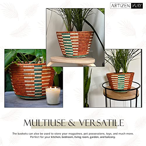 Artizenway Handmade Boho Plant Basket - Woven Planter Baskets - Plant Pot Cover Baskets for Plants - Date Palm Leaves Decorative Pattern Baskets - Storage Organizer (set of 3, Horizontal)