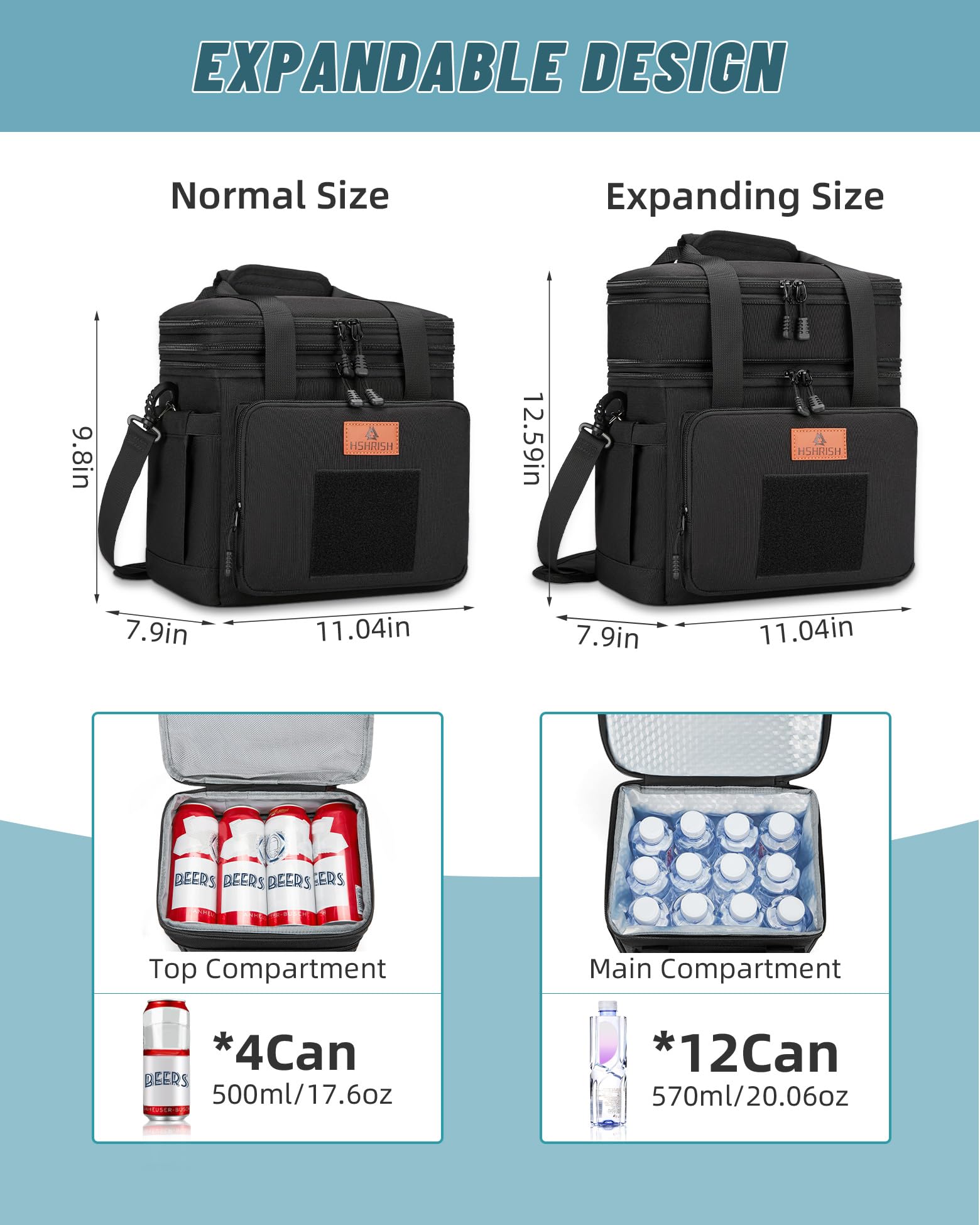 HSHRISH Tactical Lunch Box, Large Expandable Insulated Lunch Bag, Durable Waterproof Leakproof Cooler Bag for Adults/Men/Women/Work Outdoor Picnic Trips, 20 Cans/15 L, Black