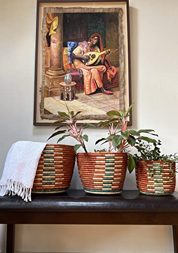 Artizenway Handmade Boho Plant Basket - Woven Planter Baskets - Plant Pot Cover Baskets for Plants - Date Palm Leaves Decorative Pattern Baskets - Storage Organizer (set of 3, Horizontal)