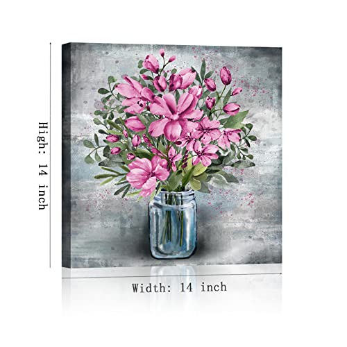 StrLon Bathroom Wall Decor Floral Canvas Wall Art Pink Flower in Blue Bottle Hand Painted Artwork for Kitchen Bedroom Office Ready to Hang Size 14"X14"