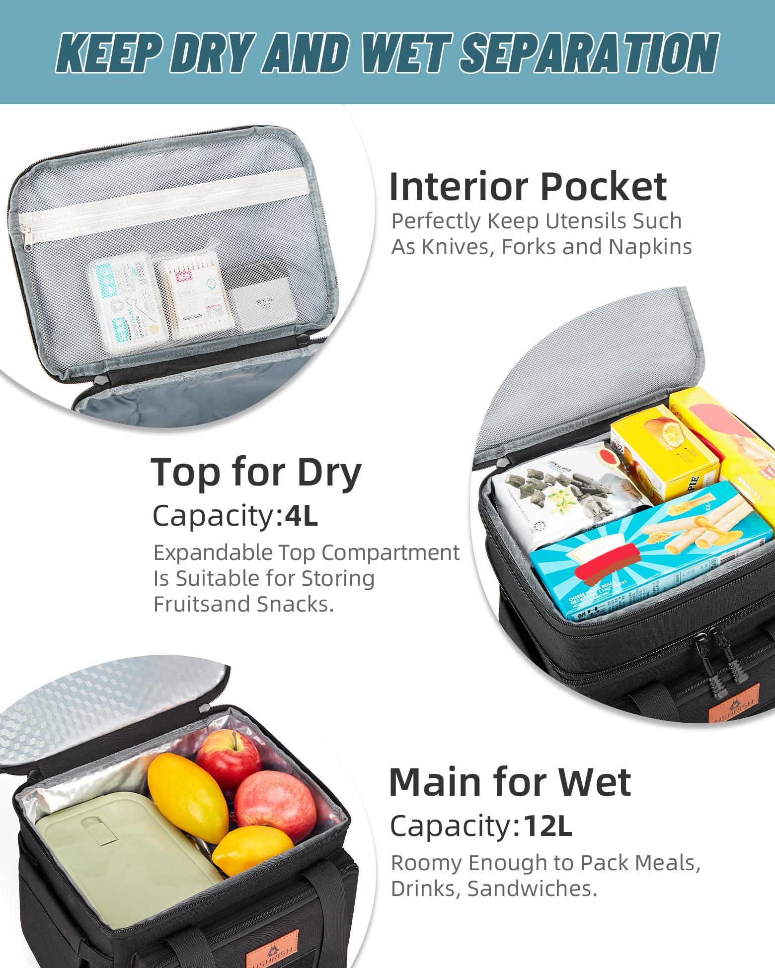 HSHRISH Tactical Lunch Box, Large Expandable Insulated Lunch Bag, Durable Waterproof Leakproof Cooler Bag for Adults/Men/Women/Work Outdoor Picnic Trips, 20 Cans/15 L, Black