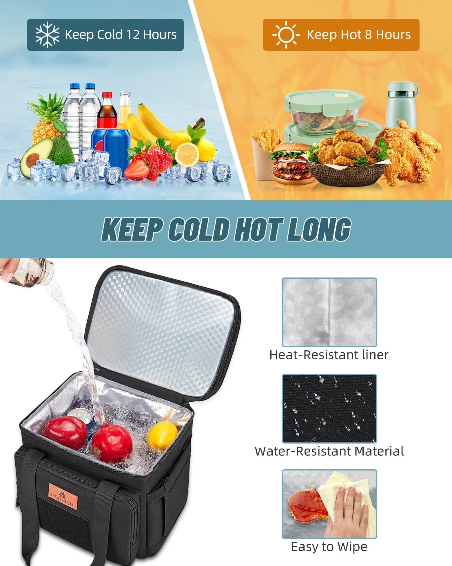 HSHRISH Tactical Lunch Box, Large Expandable Insulated Lunch Bag, Durable Waterproof Leakproof Cooler Bag for Adults/Men/Women/Work Outdoor Picnic Trips, 20 Cans/15 L, Black