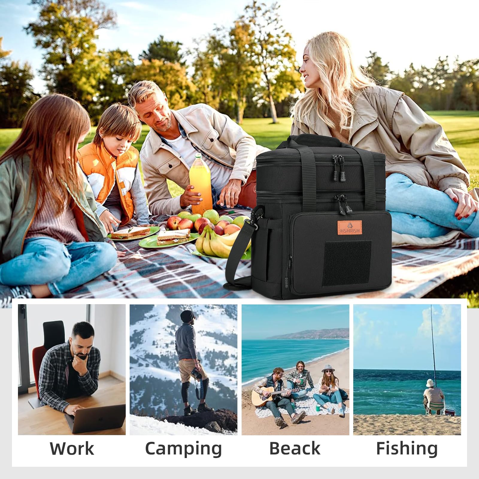 HSHRISH Tactical Lunch Box, Large Expandable Insulated Lunch Bag, Durable Waterproof Leakproof Cooler Bag for Adults/Men/Women/Work Outdoor Picnic Trips, 20 Cans/15 L, Black