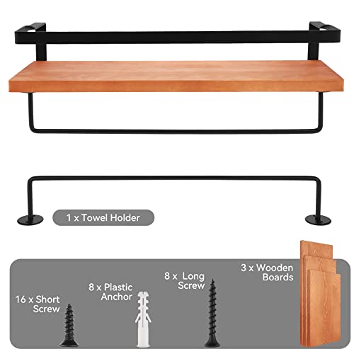 Floating Shelf Wall Mounted Set of 3, Kitchen Bathroom Storage Rack Wood Shelves with Guard Towel Rack, Wood Decorative Wall Shelf