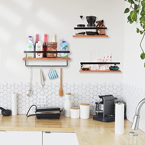 Floating Shelf Wall Mounted Set of 3, Kitchen Bathroom Storage Rack Wood Shelves with Guard Towel Rack, Wood Decorative Wall Shelf