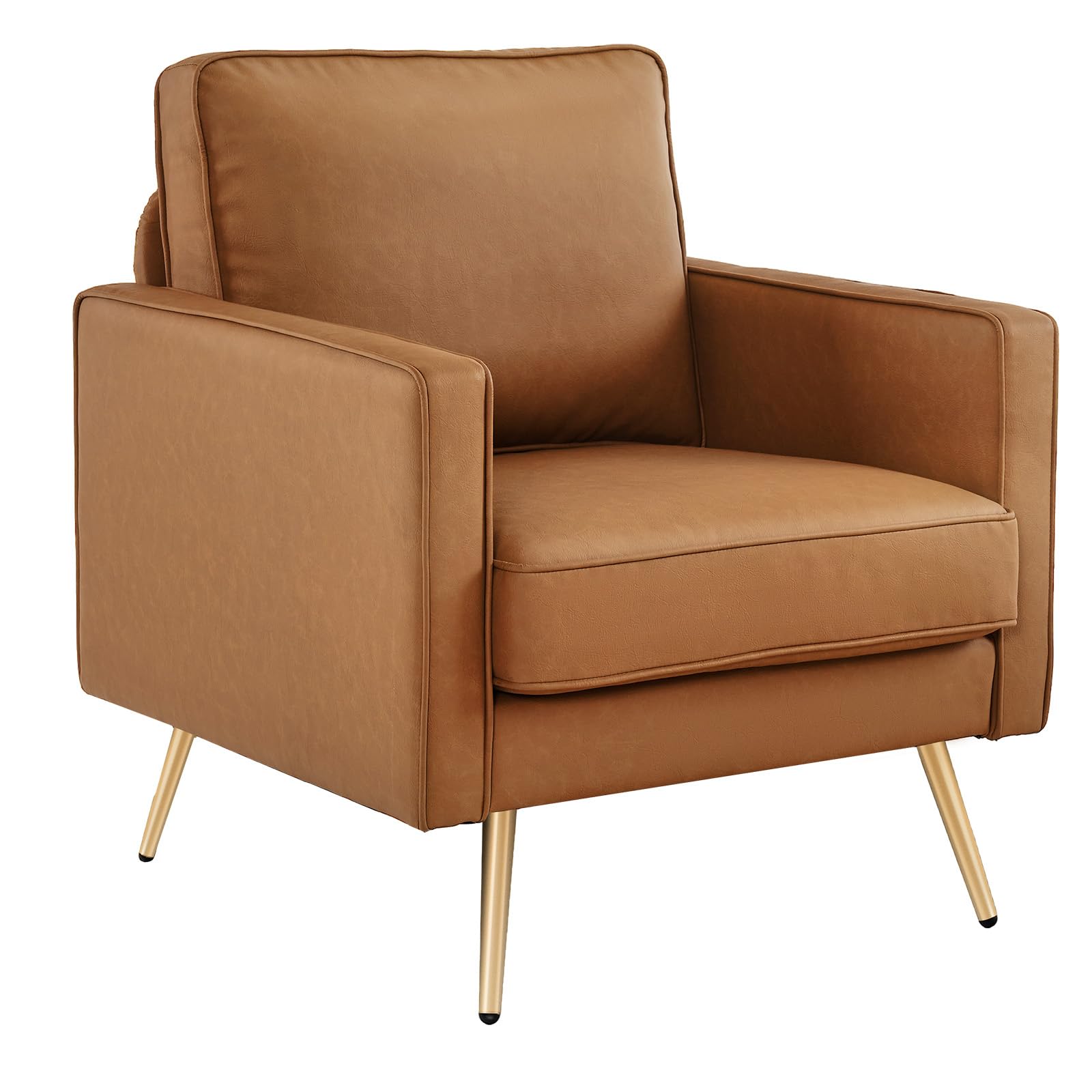VINGLI Modern PU Leather Accent Chair for Living Room,Bedroom Comfy Chair Arm Chair Reading Chair with Golden Metal Legs and Deep Seat for Office,Apartment,Small Space,Cognac