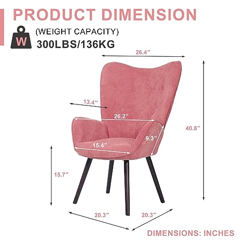 Fangflower Rose Velvet Accent Chair, Modern Button-Tufted Wingback Vanity Seat with Arms, Upholstered High-Back, Sturdy Wooden Legs for Bedroom, Lounge, Living Room