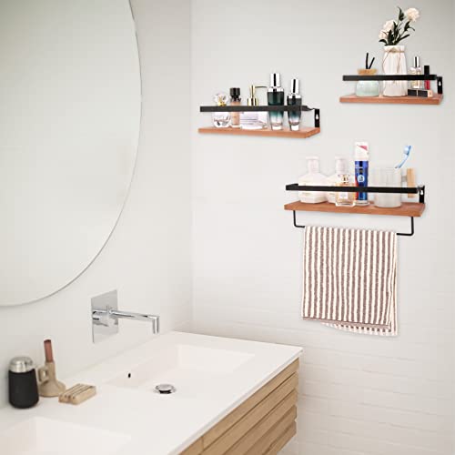 Floating Shelf Wall Mounted Set of 3, Kitchen Bathroom Storage Rack Wood Shelves with Guard Towel Rack, Wood Decorative Wall Shelf