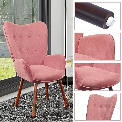 Fangflower Rose Velvet Accent Chair, Modern Button-Tufted Wingback Vanity Seat with Arms, Upholstered High-Back, Sturdy Wooden Legs for Bedroom, Lounge, Living Room