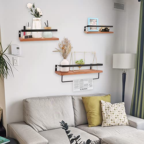 Floating Shelf Wall Mounted Set of 3, Kitchen Bathroom Storage Rack Wood Shelves with Guard Towel Rack, Wood Decorative Wall Shelf