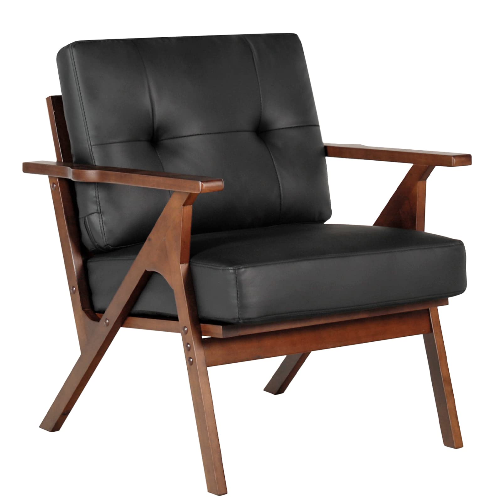 AODAILIHB Mid Century Modern Accent Chair, Retro Wood and Leather Armchairs, Vintage Reading Side Chair Comfy Accent Sofa for Living Room, Bedroom, Studio, Office (1, Black)