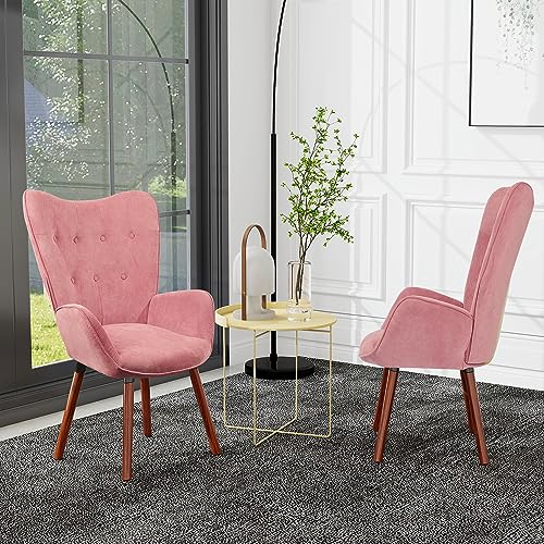 Fangflower Rose Velvet Accent Chair, Modern Button-Tufted Wingback Vanity Seat with Arms, Upholstered High-Back, Sturdy Wooden Legs for Bedroom, Lounge, Living Room