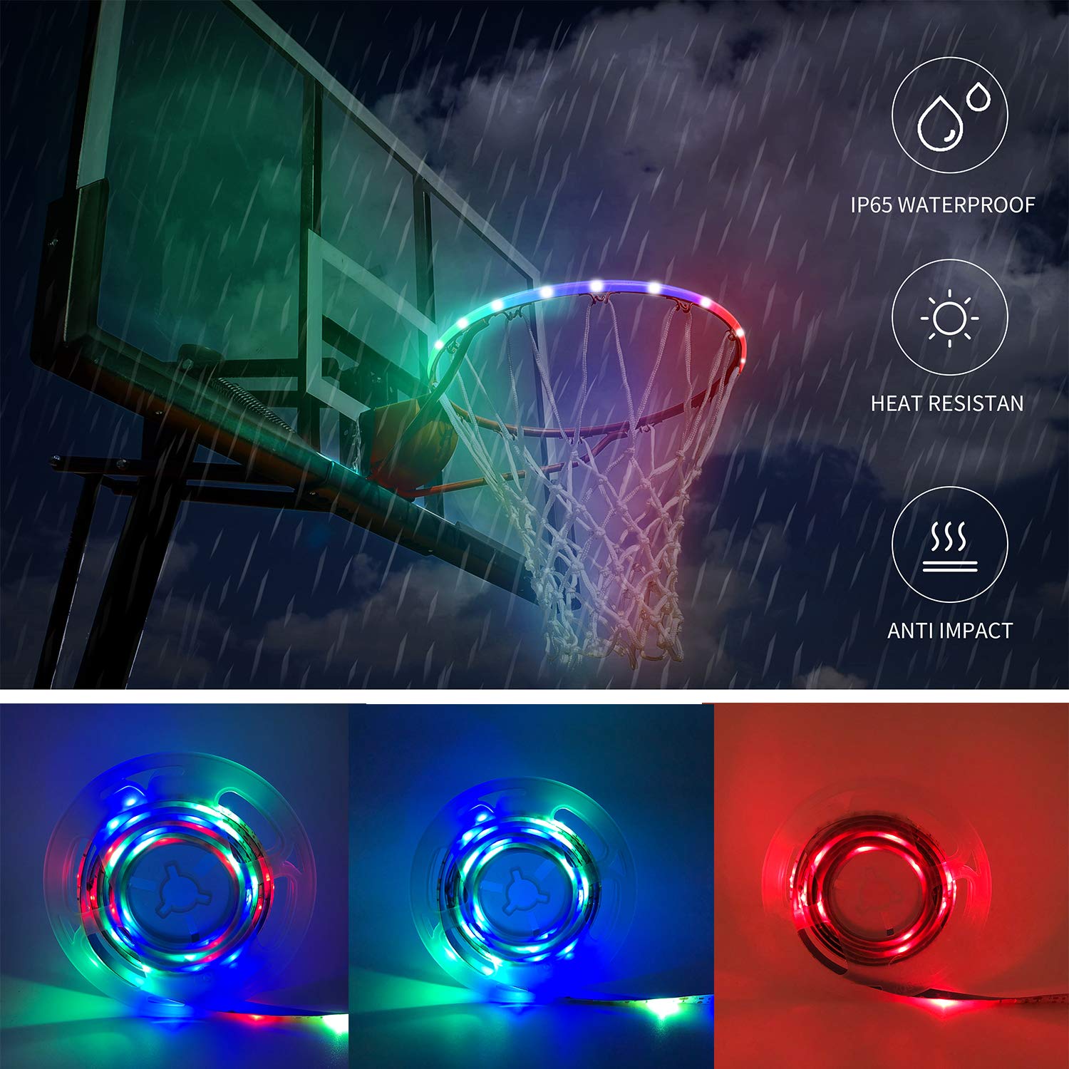 Gute LED Basketball Hoop Lights,Remote Control Basketball Rim Led Light,8 Models Solar Light,Glow-in-Dark,Waterproof,Super Bright String,Ideal for Kids,Adults Playing at Night Outdoors Indoors