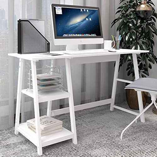 Natwind 47" White Desk Home Office Computer Working Kid Student Study Table with 2-Tier Storage Bookshelves Modern Simple Study Laptop Writing Elegant Style Desk Workstation for Office Home (White)