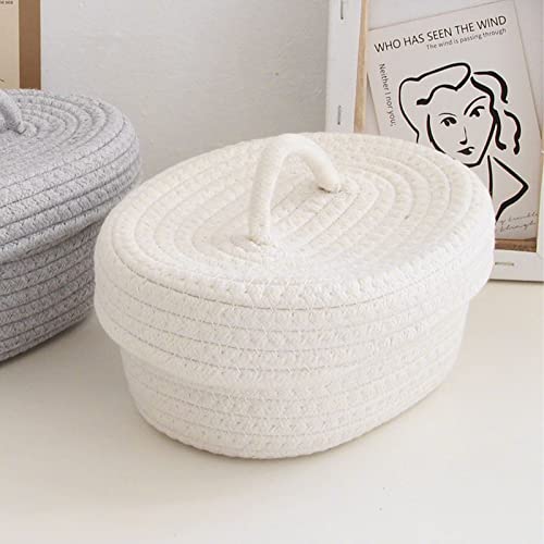 Atyhao Storage Bins,Desktop Storage Box with Lid Handmade Cotton Rope Storage Basket for Makeup Sundries Snack Needles (Milky White)