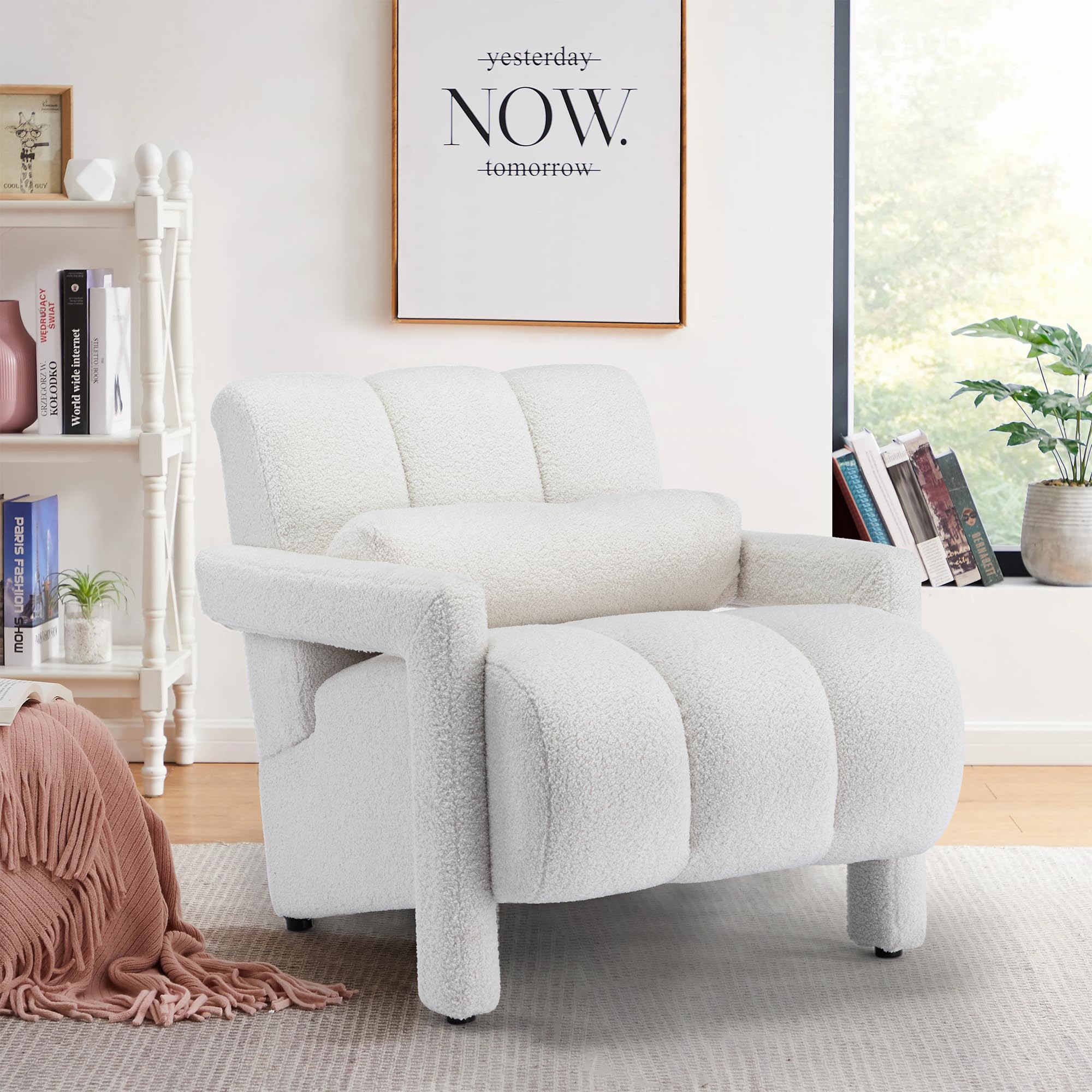 LOULENS Lambswool Accent Chair, Modern Upholstered Sherpa Accent Chair, Comfy Teddy Single Armchair with Pillow for Living Room, Bedroom (Beige, Backrest Under The Cushion)
