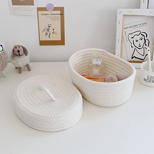 Atyhao Storage Bins,Desktop Storage Box with Lid Handmade Cotton Rope Storage Basket for Makeup Sundries Snack Needles (Milky White)