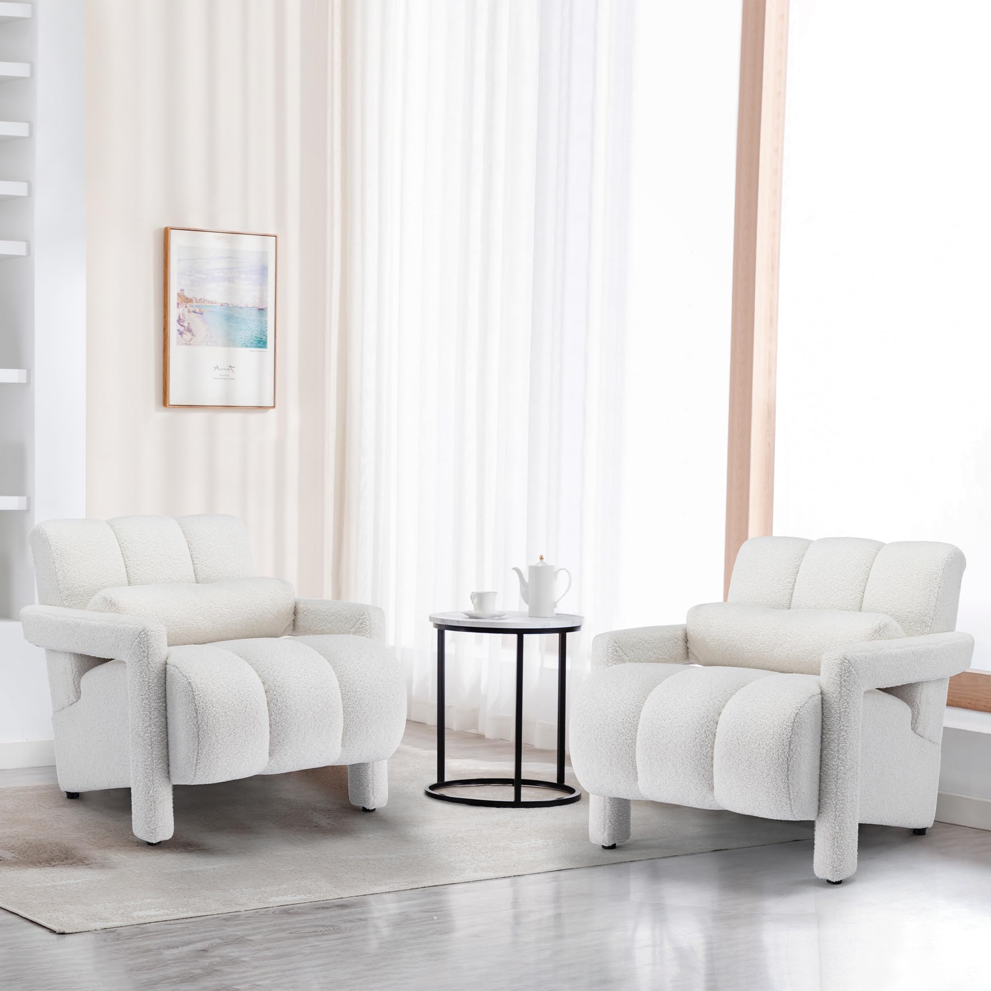 LOULENS Lambswool Accent Chair, Modern Upholstered Sherpa Accent Chair, Comfy Teddy Single Armchair with Pillow for Living Room, Bedroom (Beige, Backrest Under The Cushion)