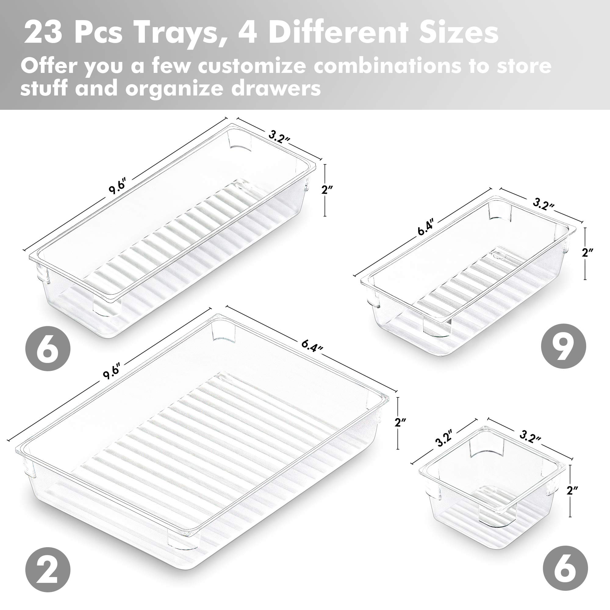 CHEFSTORY 23 PCS Clear Drawer Organizers Set, 4 Sizes Plastic Vanity Drawer Organizers and Storage Bins, Desk Drawer Organizer Trays with Non-slip Silicone Pads for Makeup,Bathroom and Kitchen