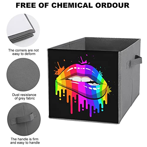 Gay Homosexual Lesbian Rainbow Lips Foldable Storage Bins Printd Fabric Cube Baskets Boxes with Handles for Clothes Toys, 11x11x11