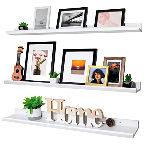 Annecy Floating Shelves Wall Mounted Set of 3, 36 Inch White Rustic Wood Shelves for Wall, Wall Storage Shelves with Guardrail Design for Bedroom, Bathroom, Kitchen, Office, 3 Different Sizes