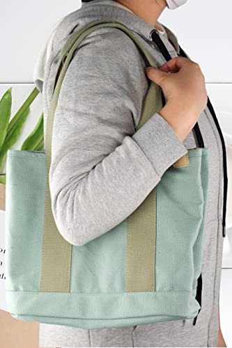 Green Canvas Tote Bag Casual Multi pockets Handbags Large Capacity Shopping Shoulder Bag with Pocket Bags Work Purses Travel Satchel